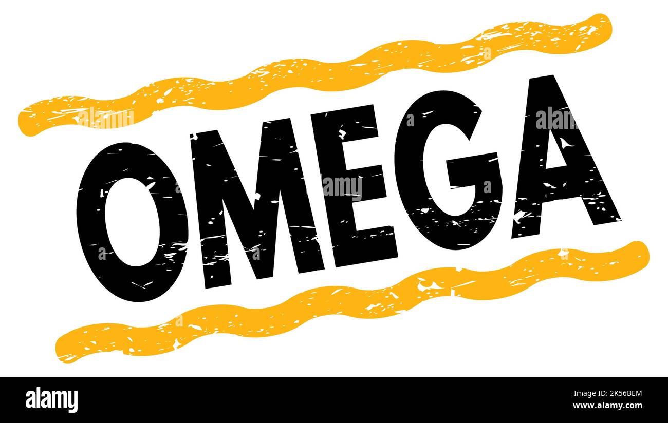OMEGA text written on yellow-black lines stamp sign Stock Photo - Alamy