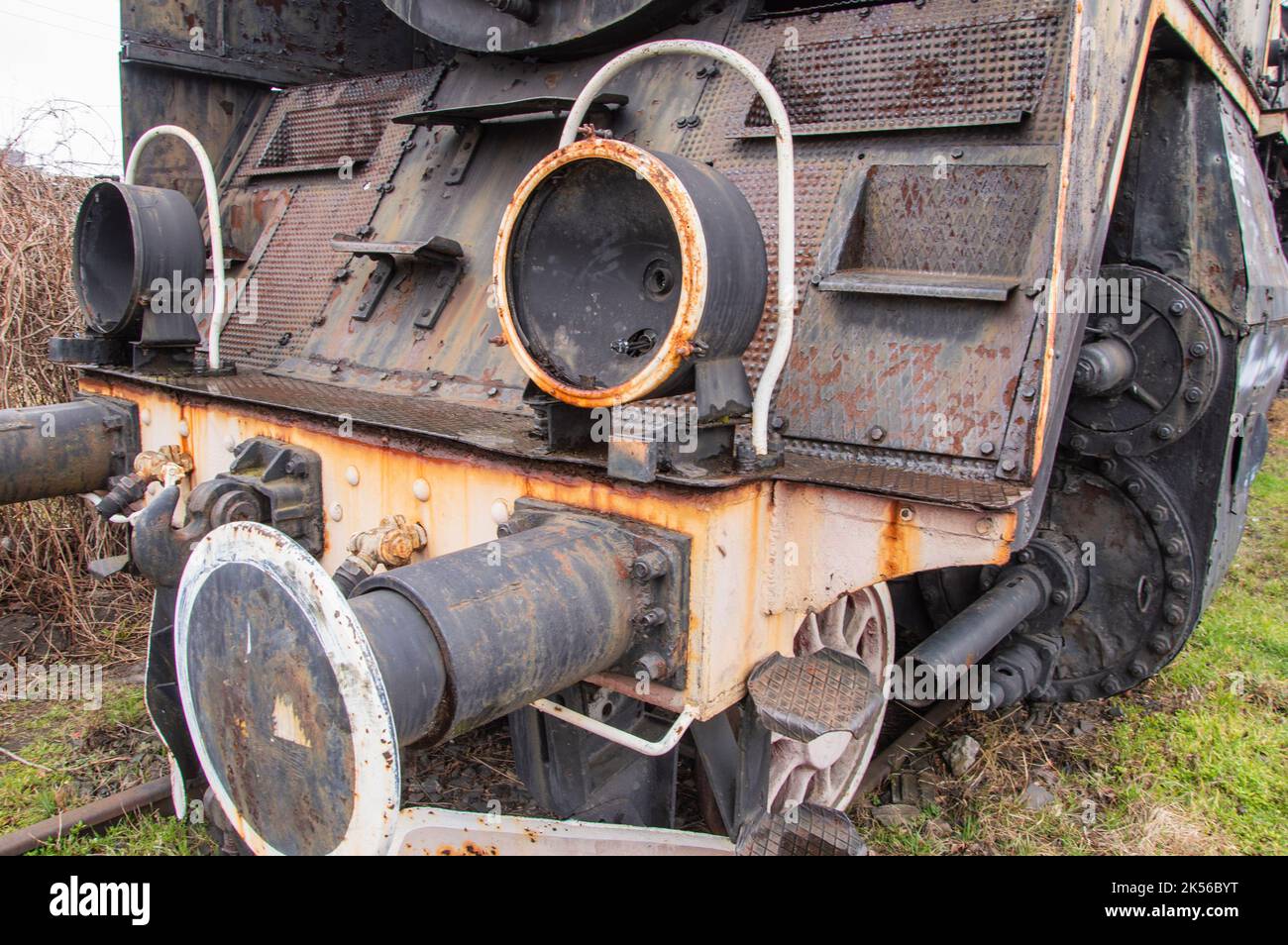 Drive transmission mechanism in a historic and damaged steam locomotive ...