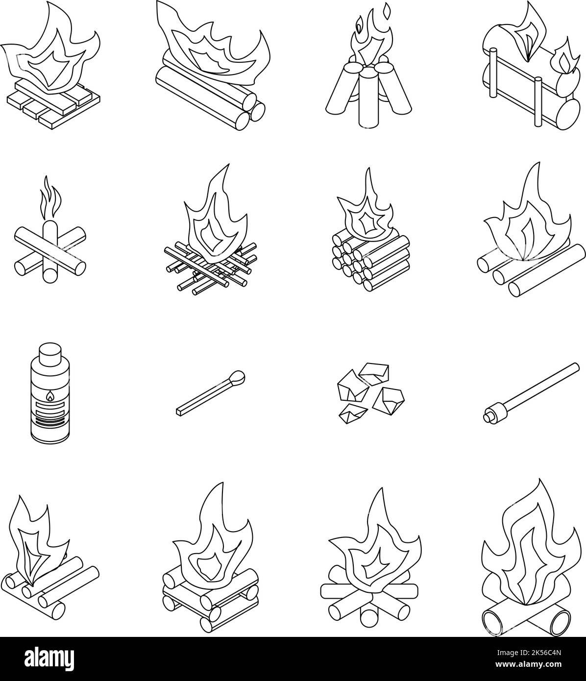 Campfire icons set. Isometric set of campfire vector icons outline ...
