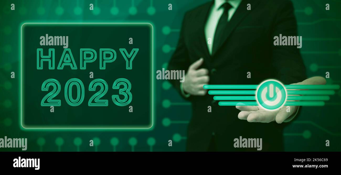 Text showing inspiration Happy 2023, Word for time or day at which a ...