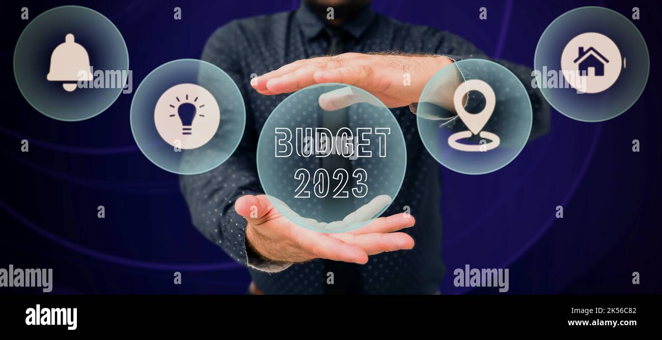 Hand writing sign Budget 2023, Word for estimate of income and ...