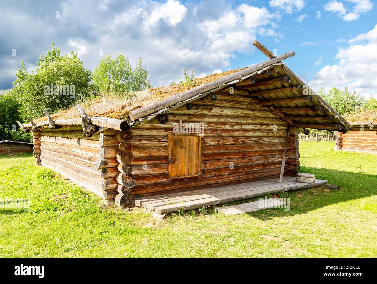 Ancient slavic village. Ancient wooden residential house in Russia. X ...