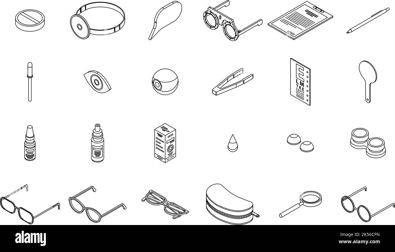 Optician icons set. Isometric set of optician vector icons outline ...
