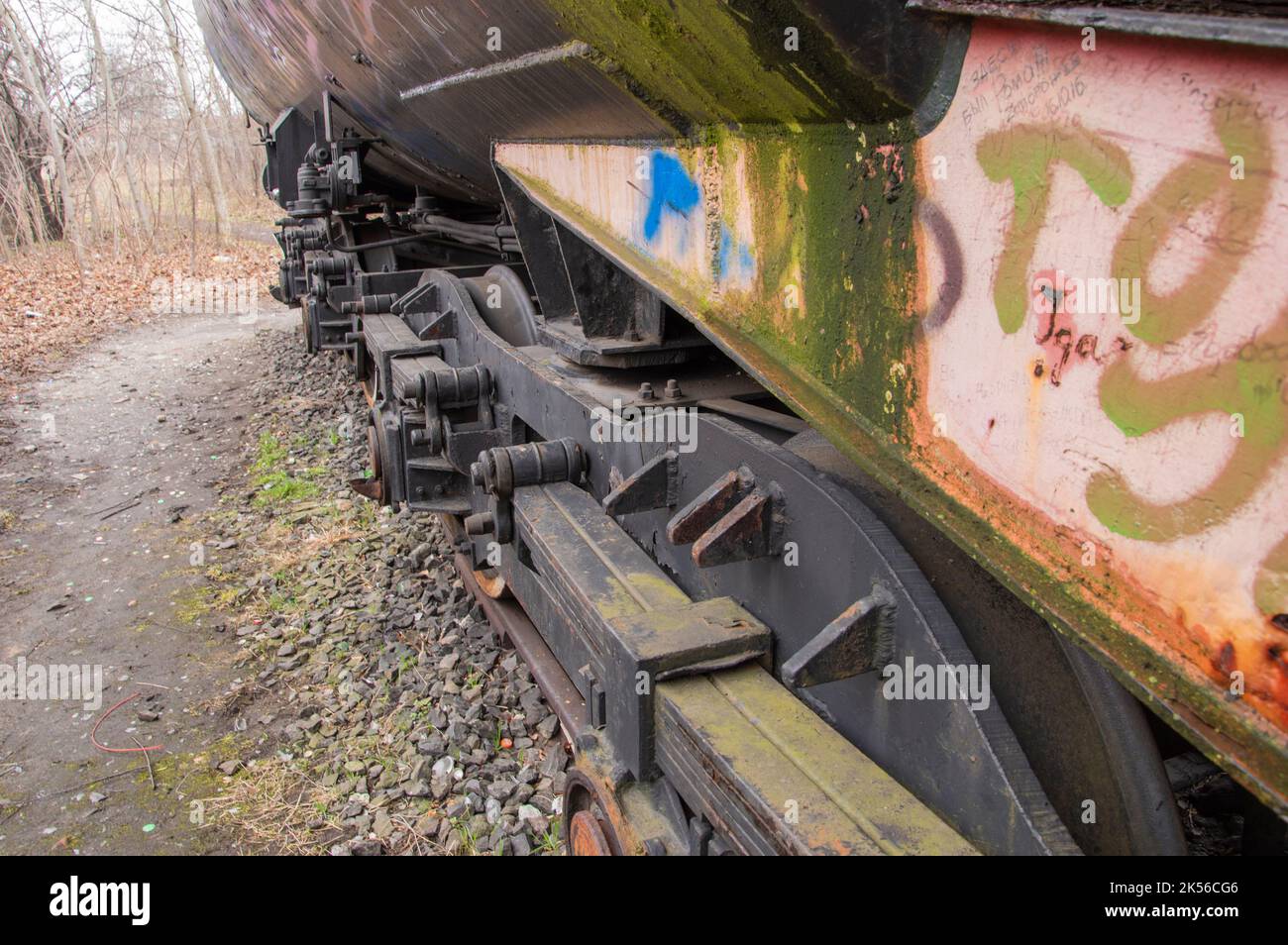 Drive transmission mechanism in a historic and damaged steam locomotive ...