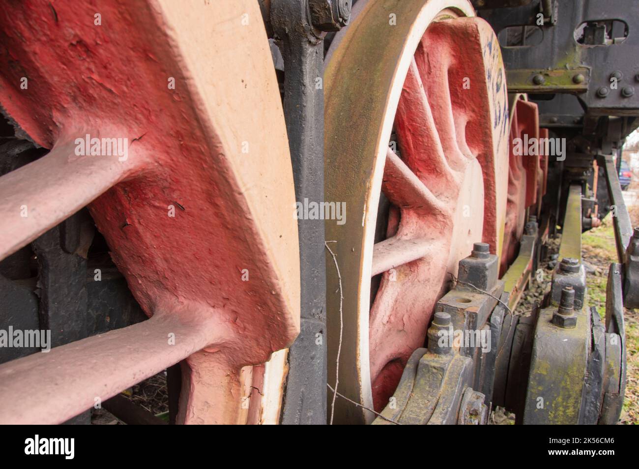 Drive transmission mechanism in a historic and damaged steam locomotive ...