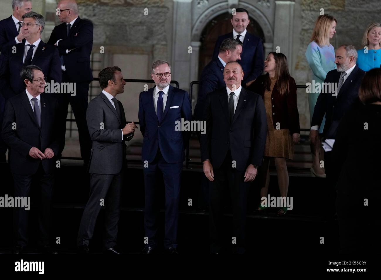 French President Emmanuel Macron (second left), speaks with Czech ...