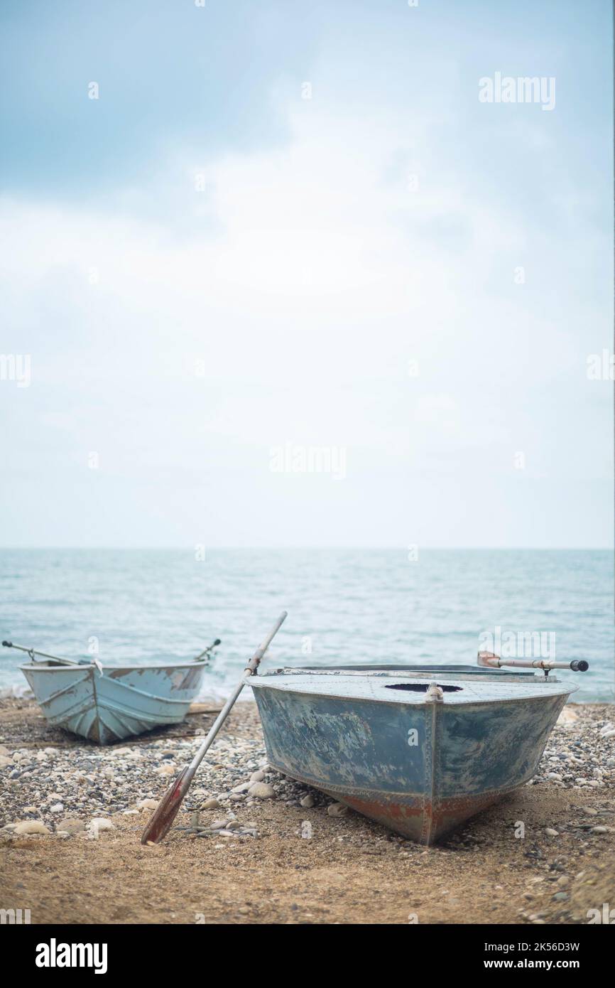 Harmony coastline landscape life balance decrepit old rusted boat at ...