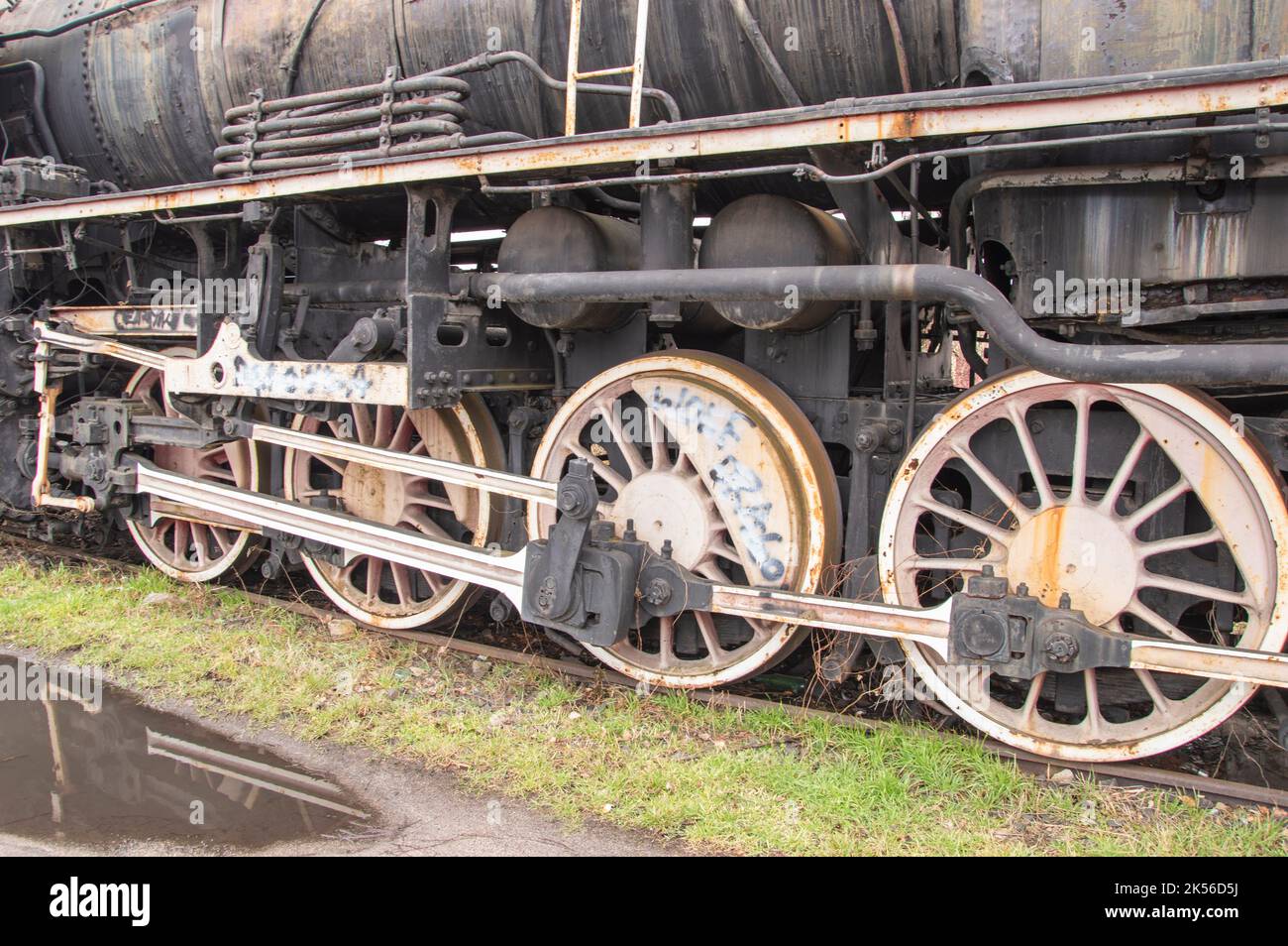 Drive transmission mechanism in a historic and damaged steam locomotive ...