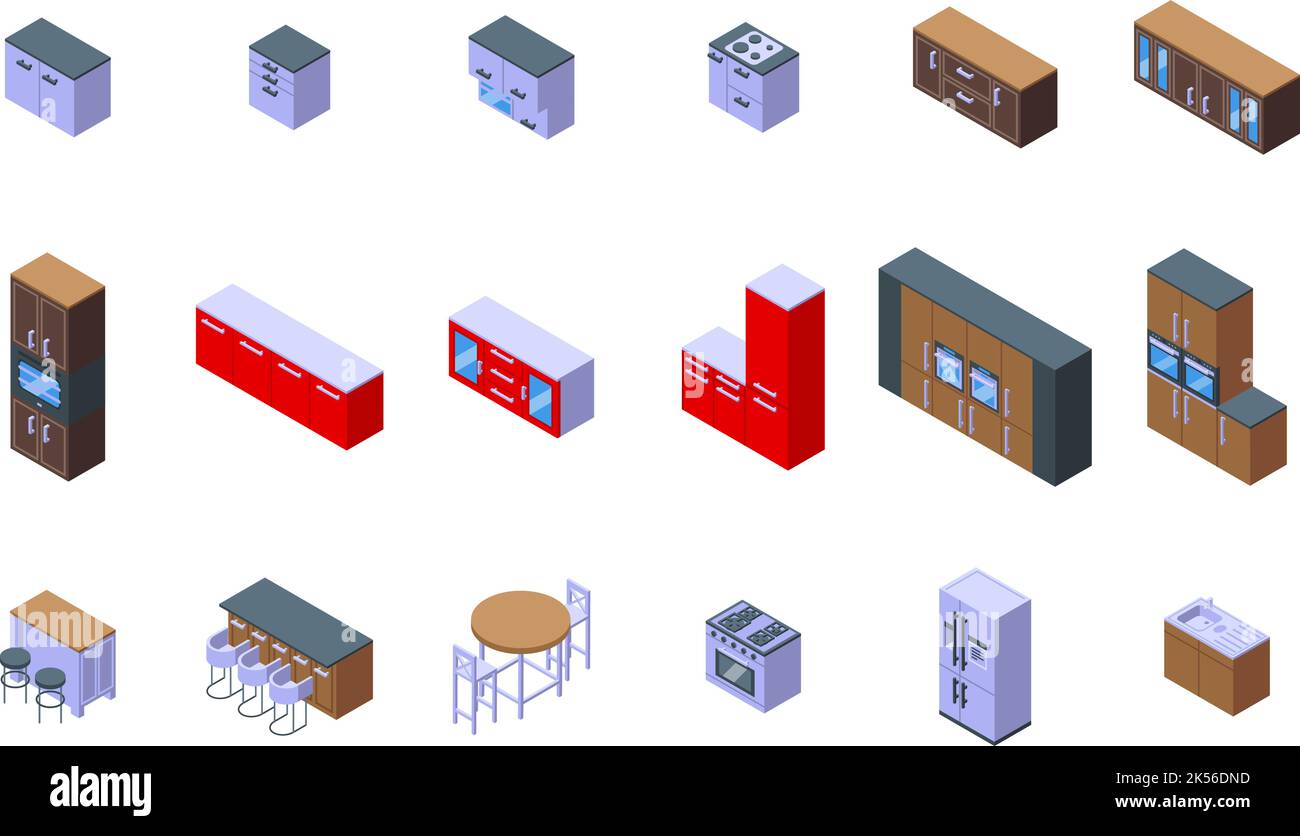 Kitchen island icons set isometric vector. Apartment interior. Design ...