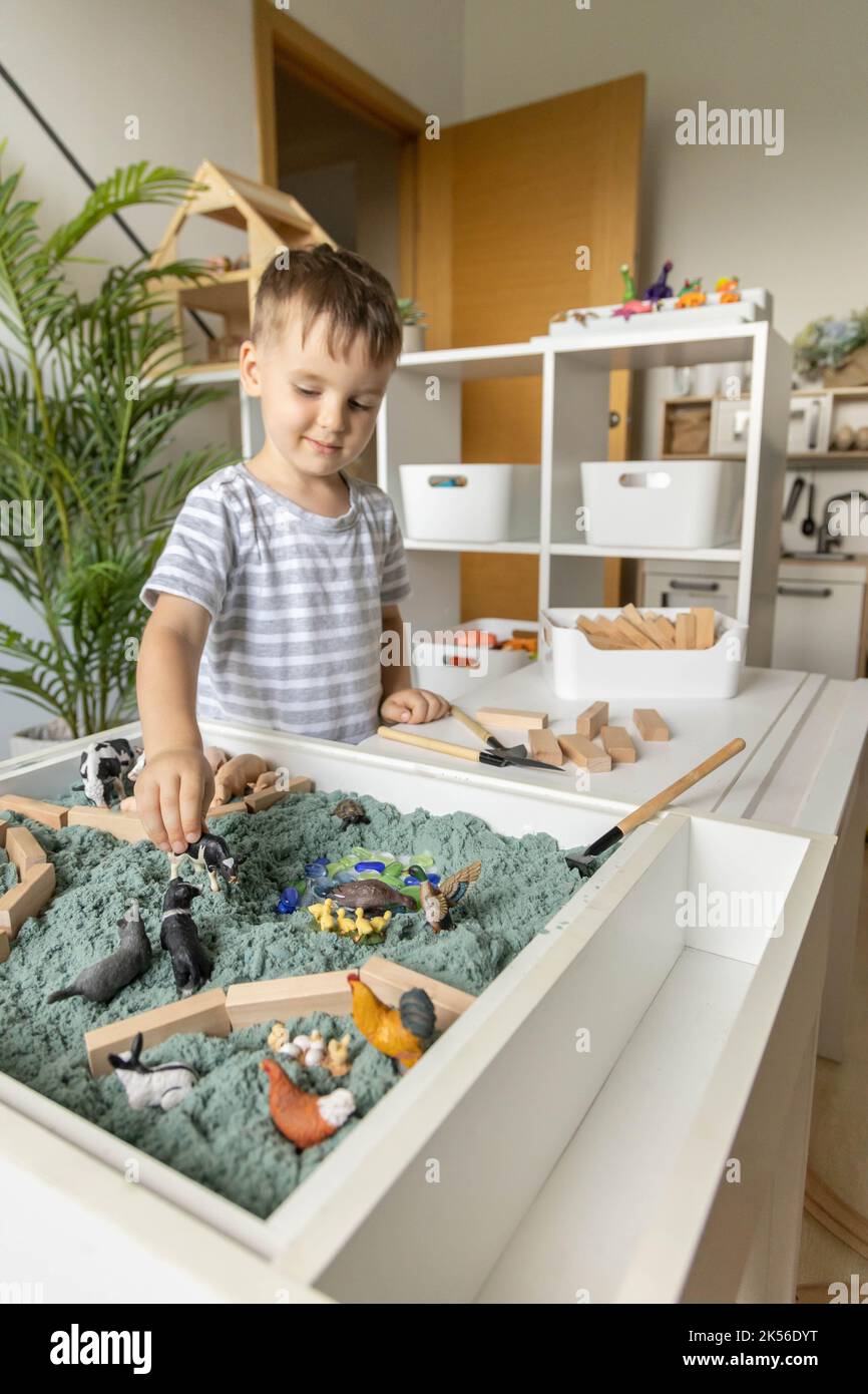 Cute baby boy playing sensory box kinetic sand table with farm animals ...