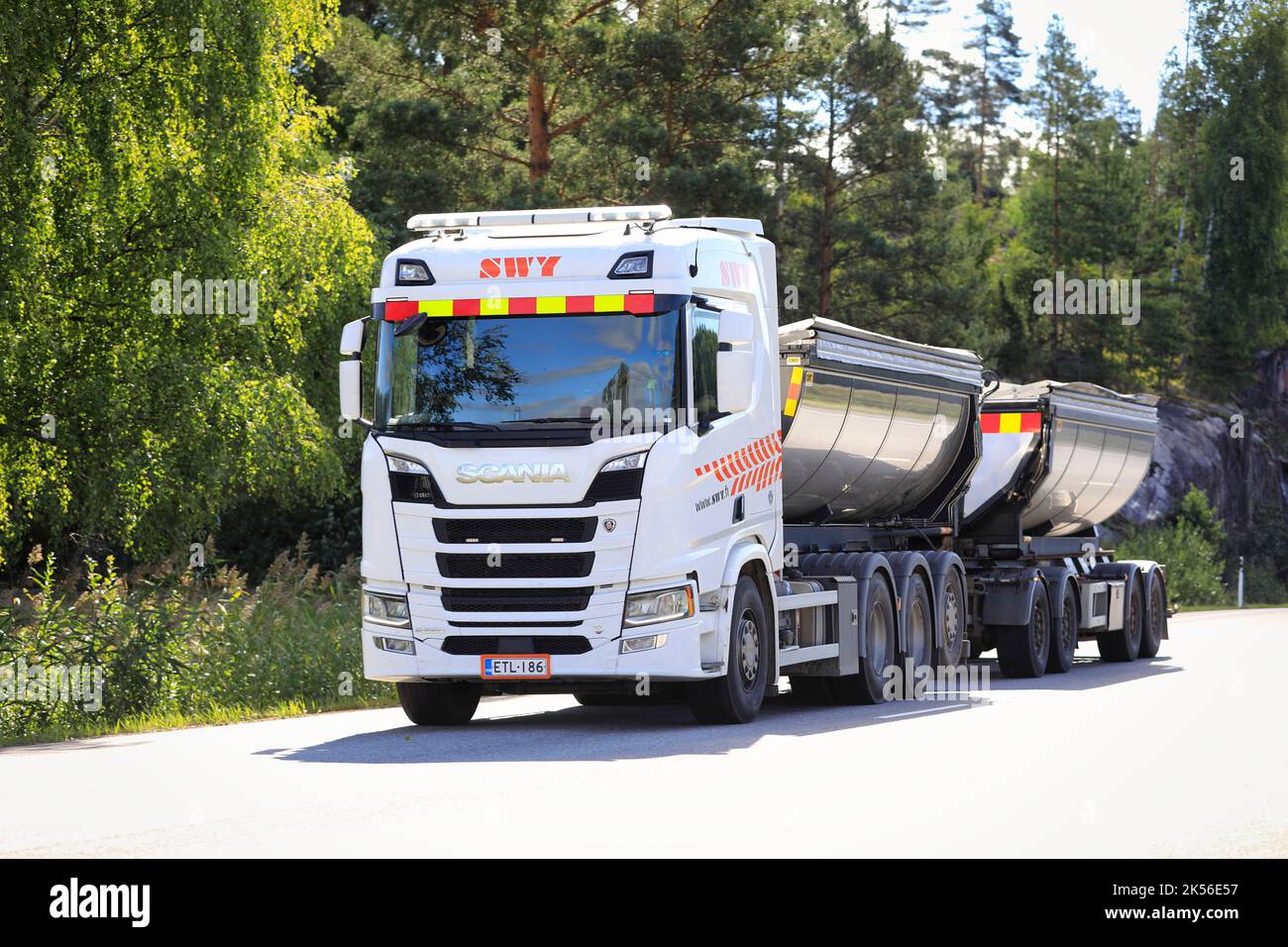 White Scania R500 asphalt truck of SWY in front of cassette trailer ...