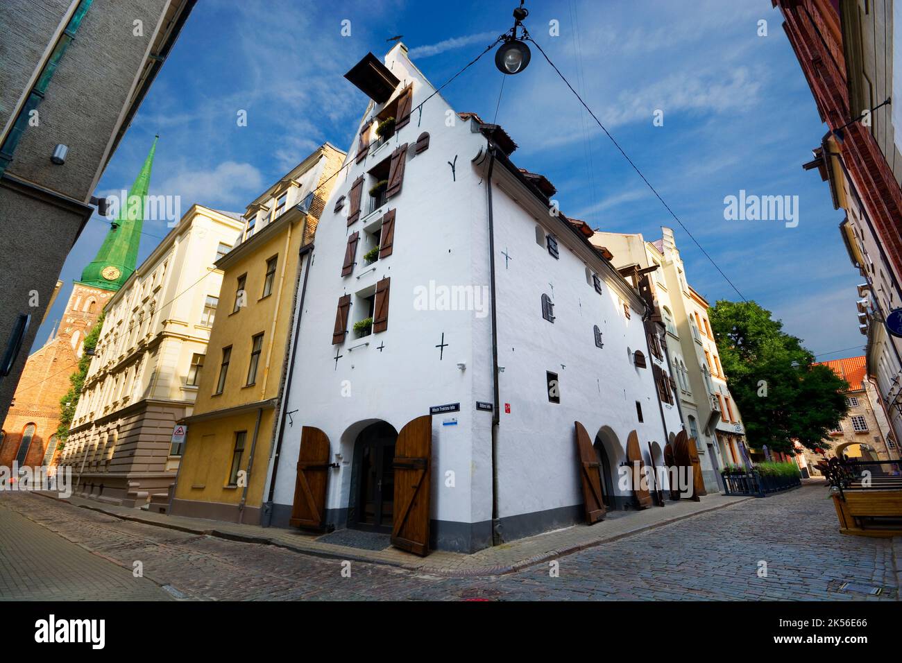 Narrow streets of the Old Town of Riga, Latvia. Roman Catholic St ...