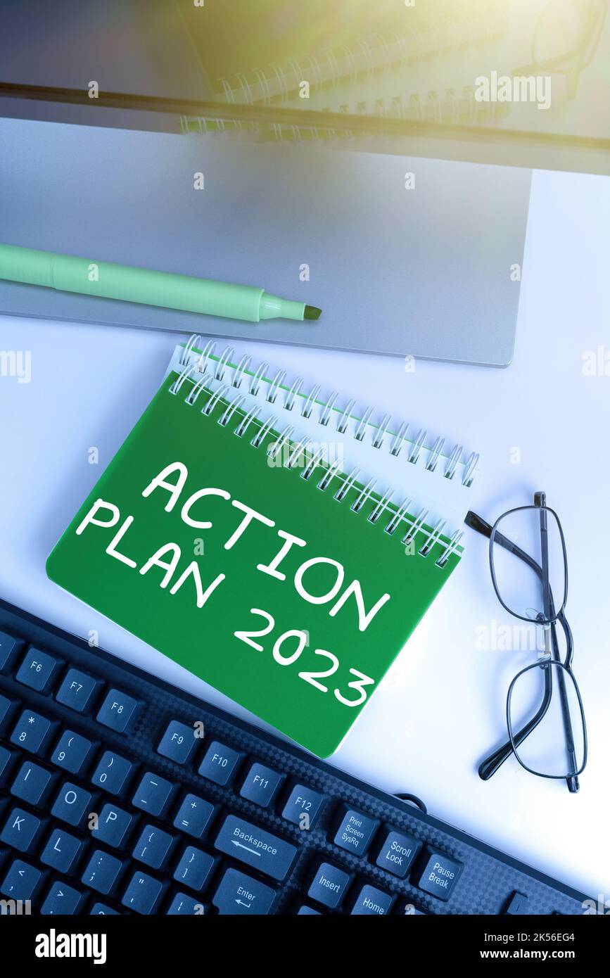 Text caption presenting Action Plan 2023, Business showcase to do list ...