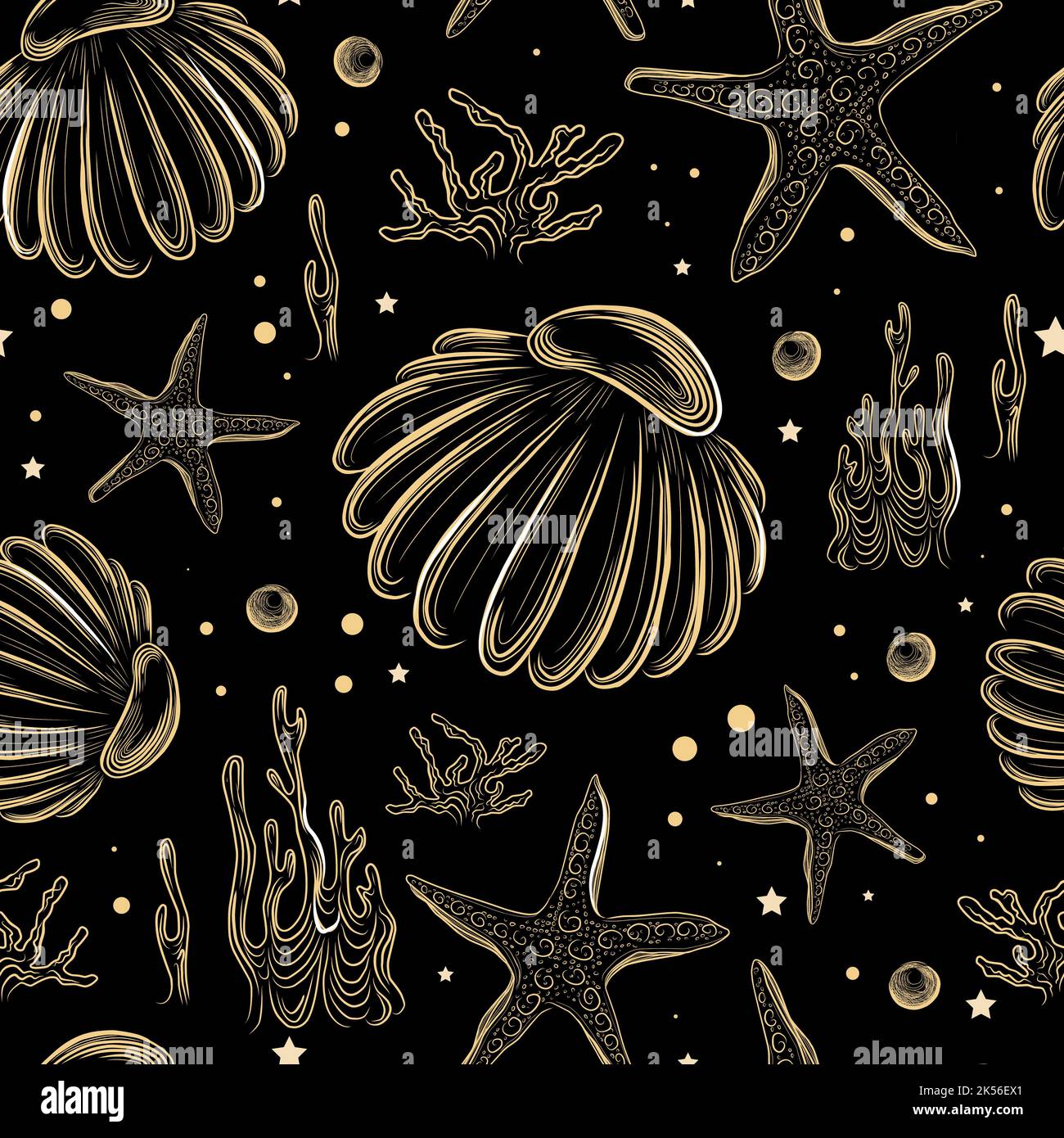 Seamless pattern with seashells and starfish. Magic mood pattern. Black ...