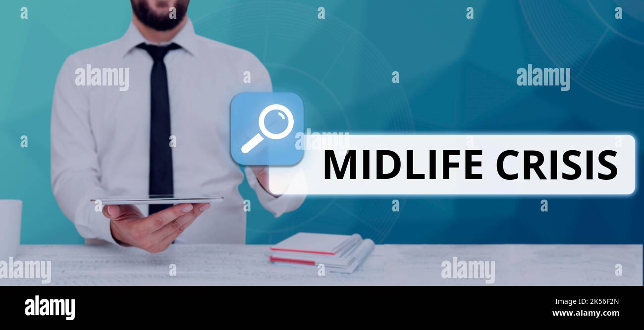 Hand writing sign Midlife Crisis, Internet Concept Software development ...