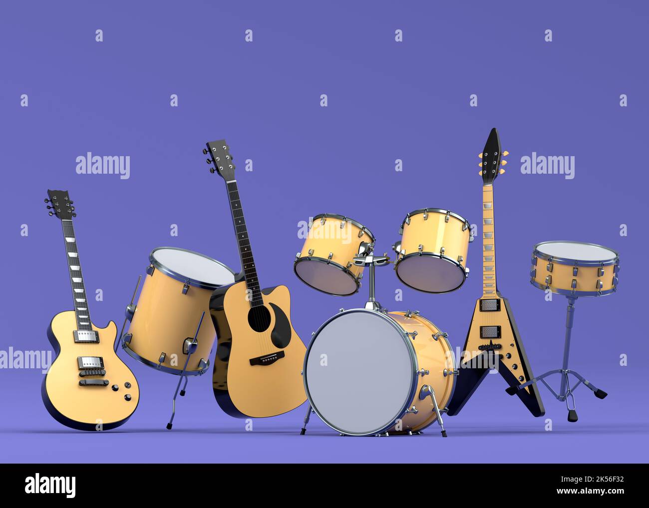 Set of electric acoustic guitars and drums with metal cymbals on purple ...