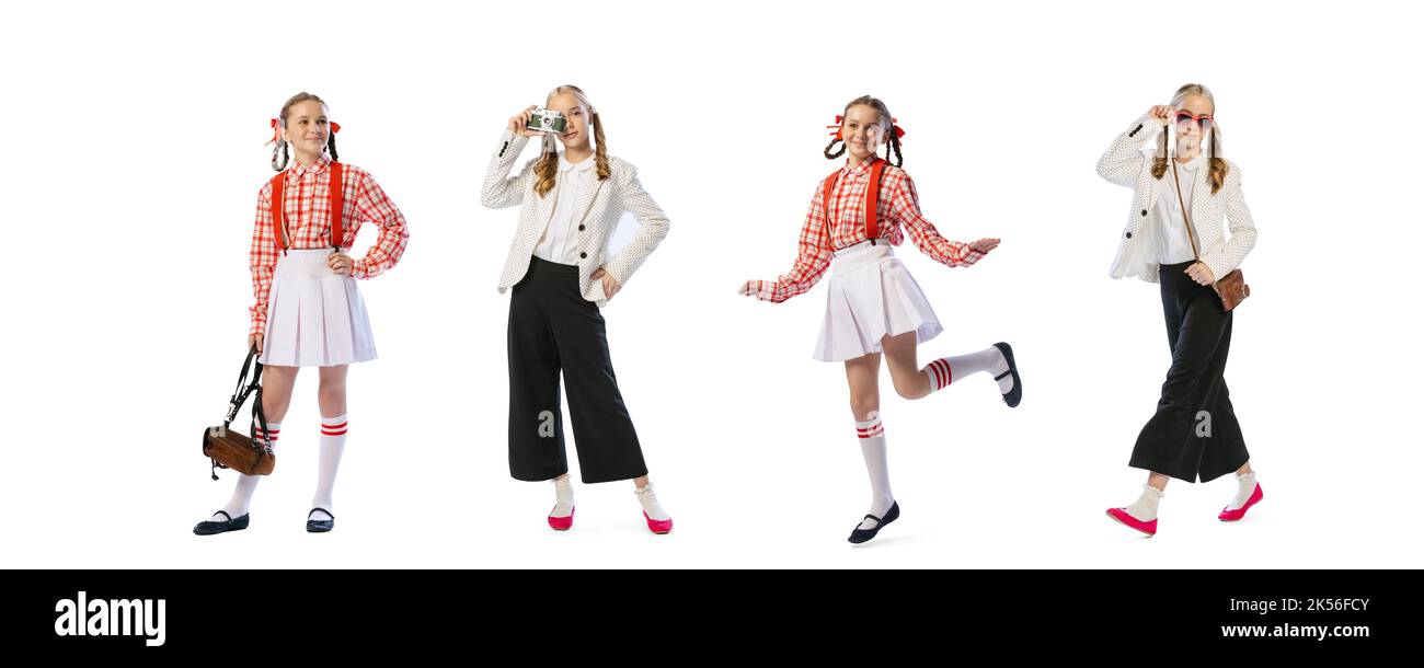 Portrait of beautiful teen girls wearing stylish cloth posing isolated ...