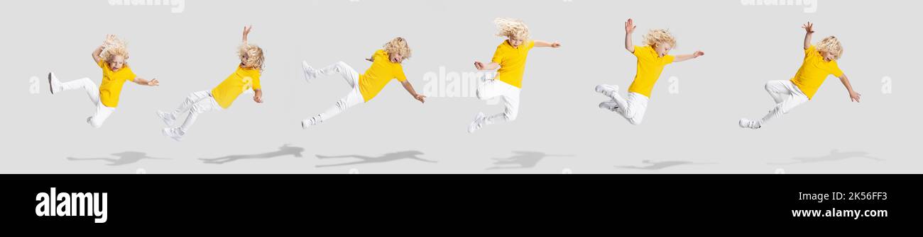 Collage of portraits of little boy, child falling down isolated over ...