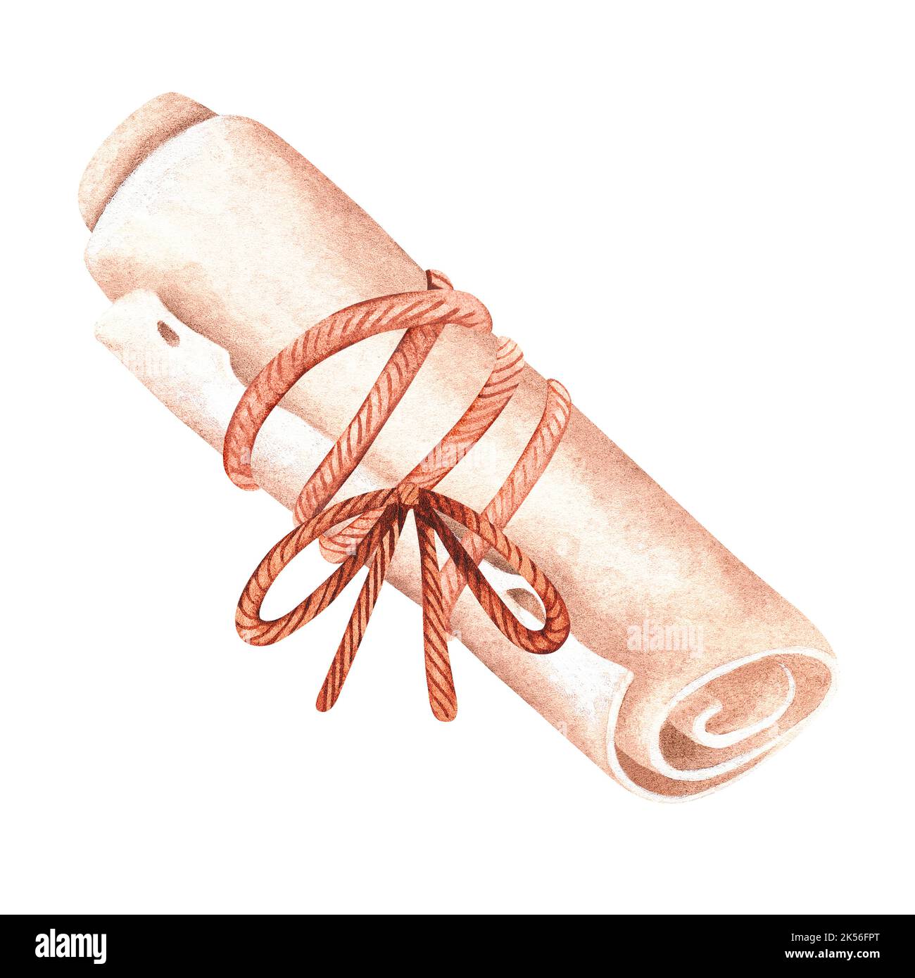 Roll of papyrus with rope. Paper folded and tied with a waxed rope with ...