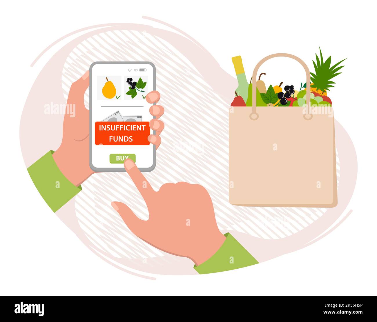Vector illustration Hand holds cell phone with app message insufficient ...