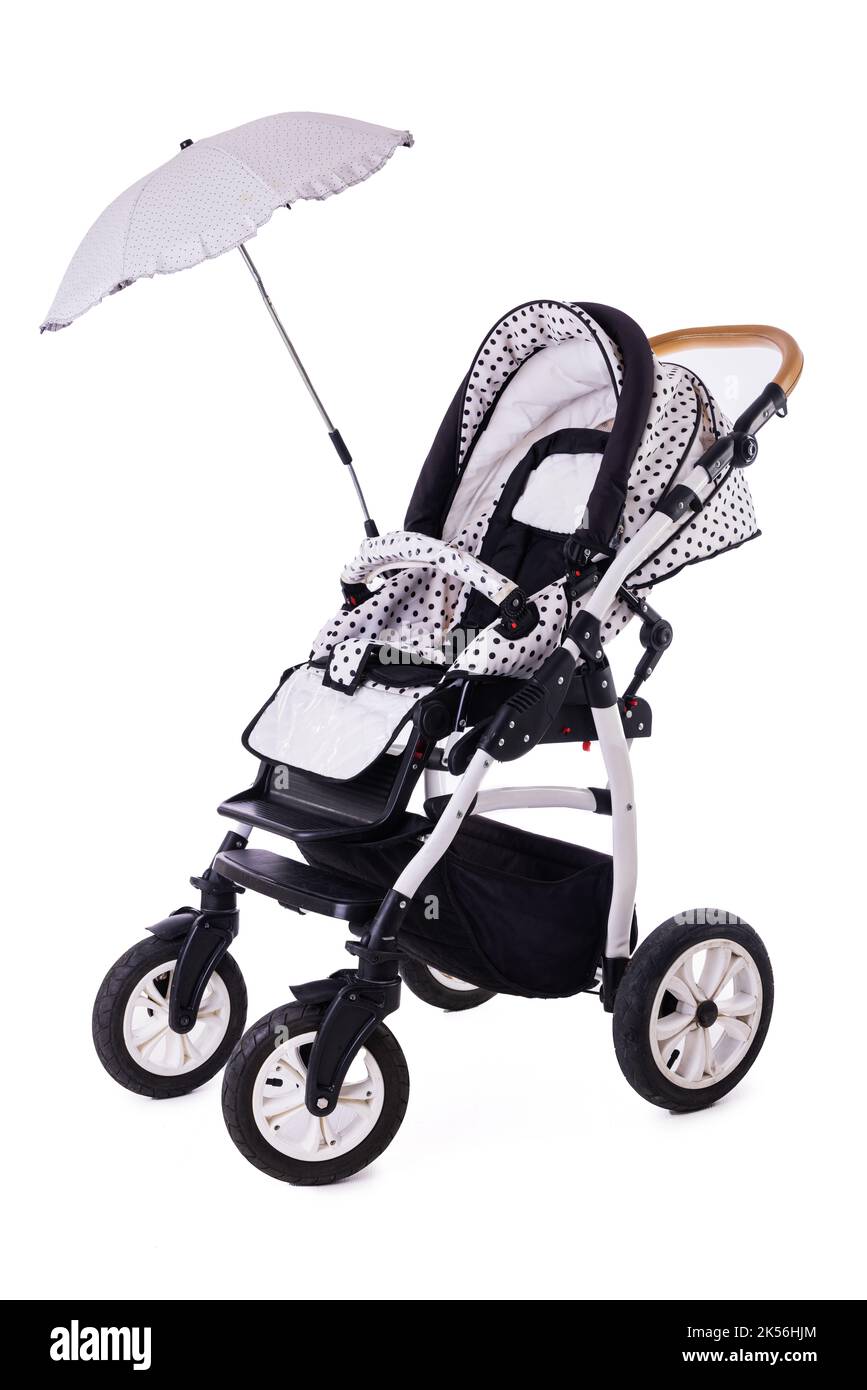 Modern baby stroller with bassinet and car seat isolated on a white ...