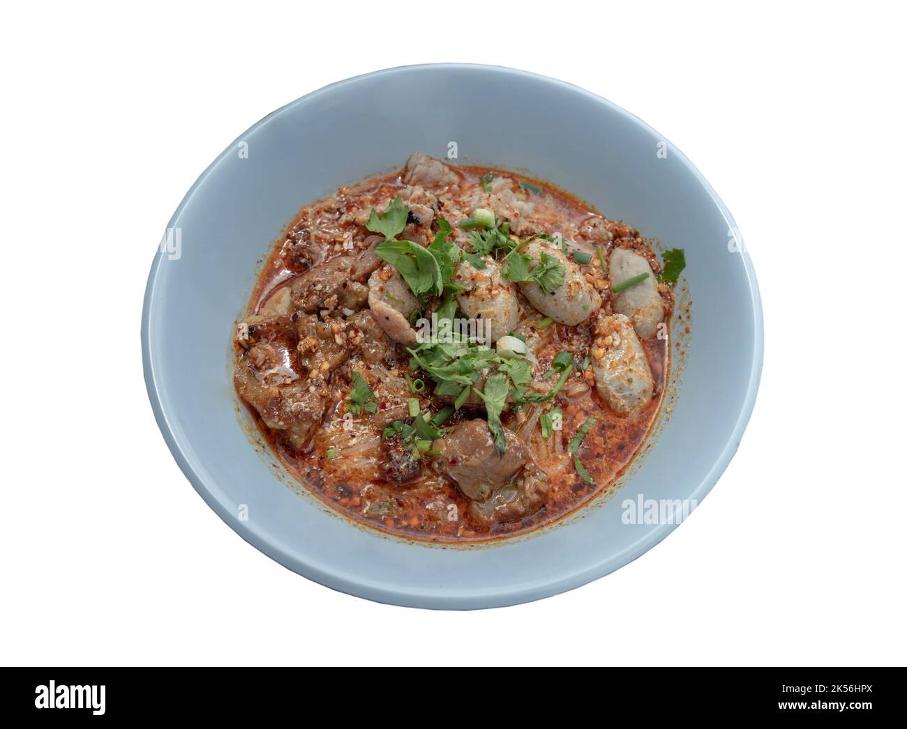 Spicy tom yum rice stick noodles (Thai spicy soup) with braised pork ...