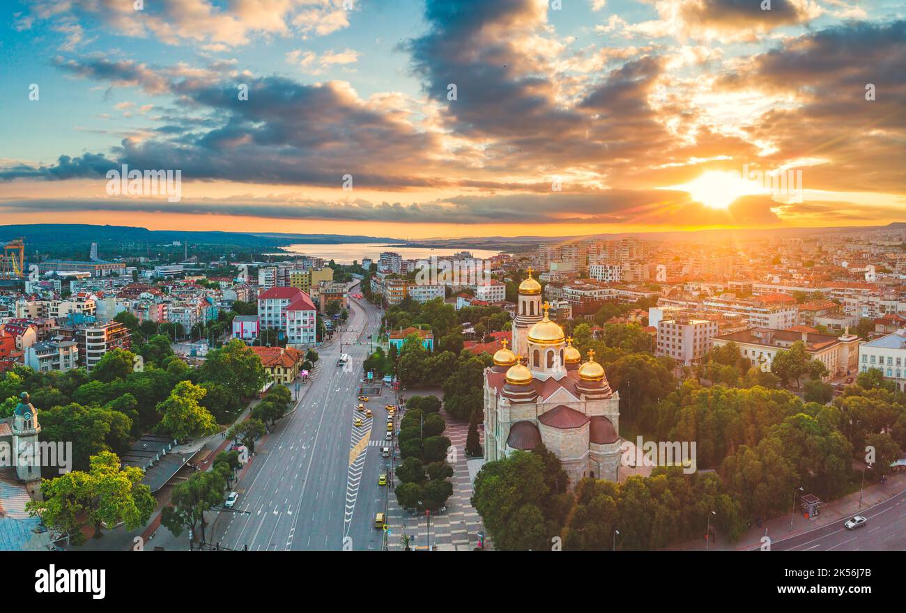 Aerial view of Varna city center and The Cathedral of the Assumption ...