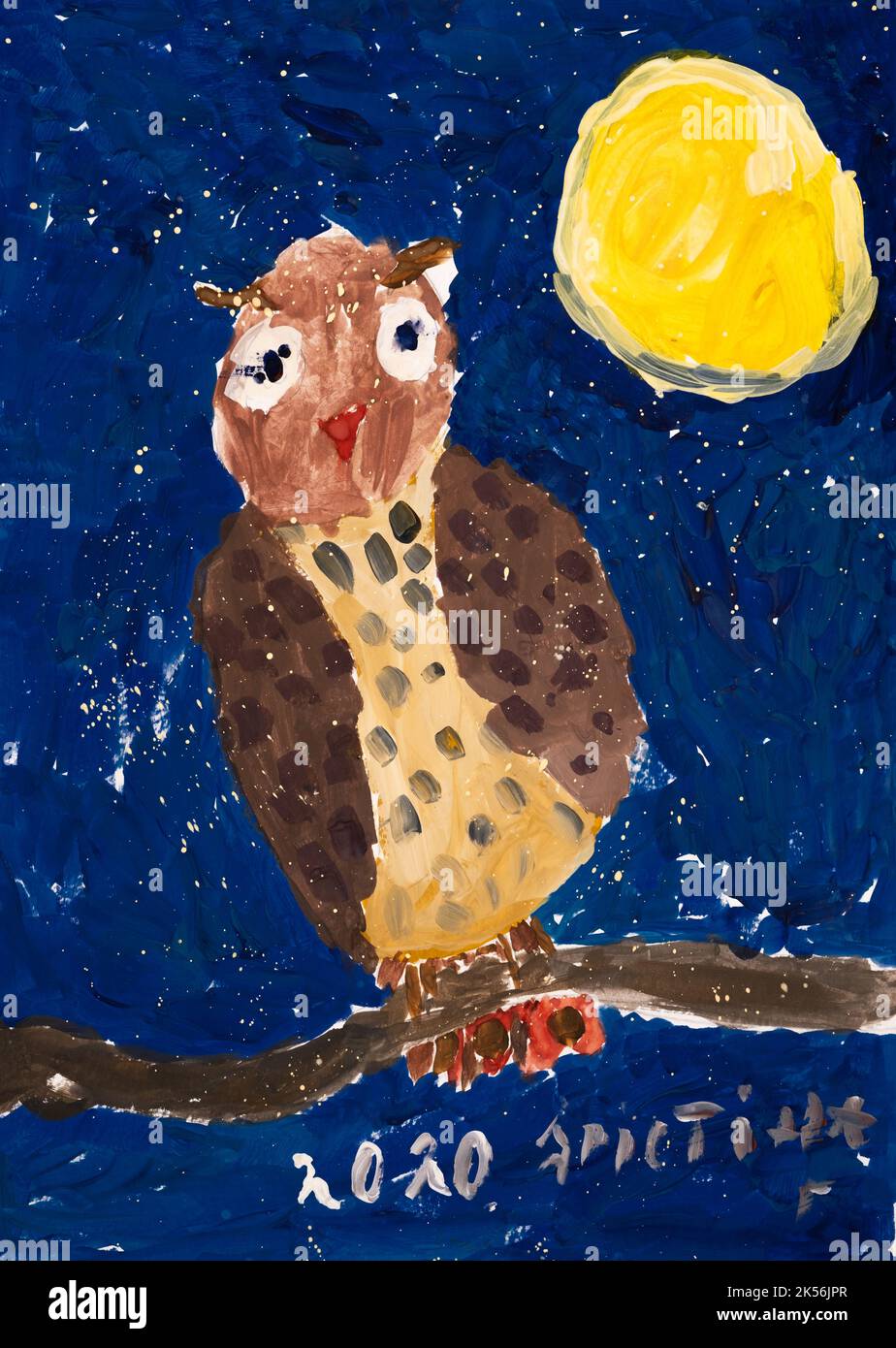 kids creativity pretty owl watercolor painting Stock Photo - Alamy