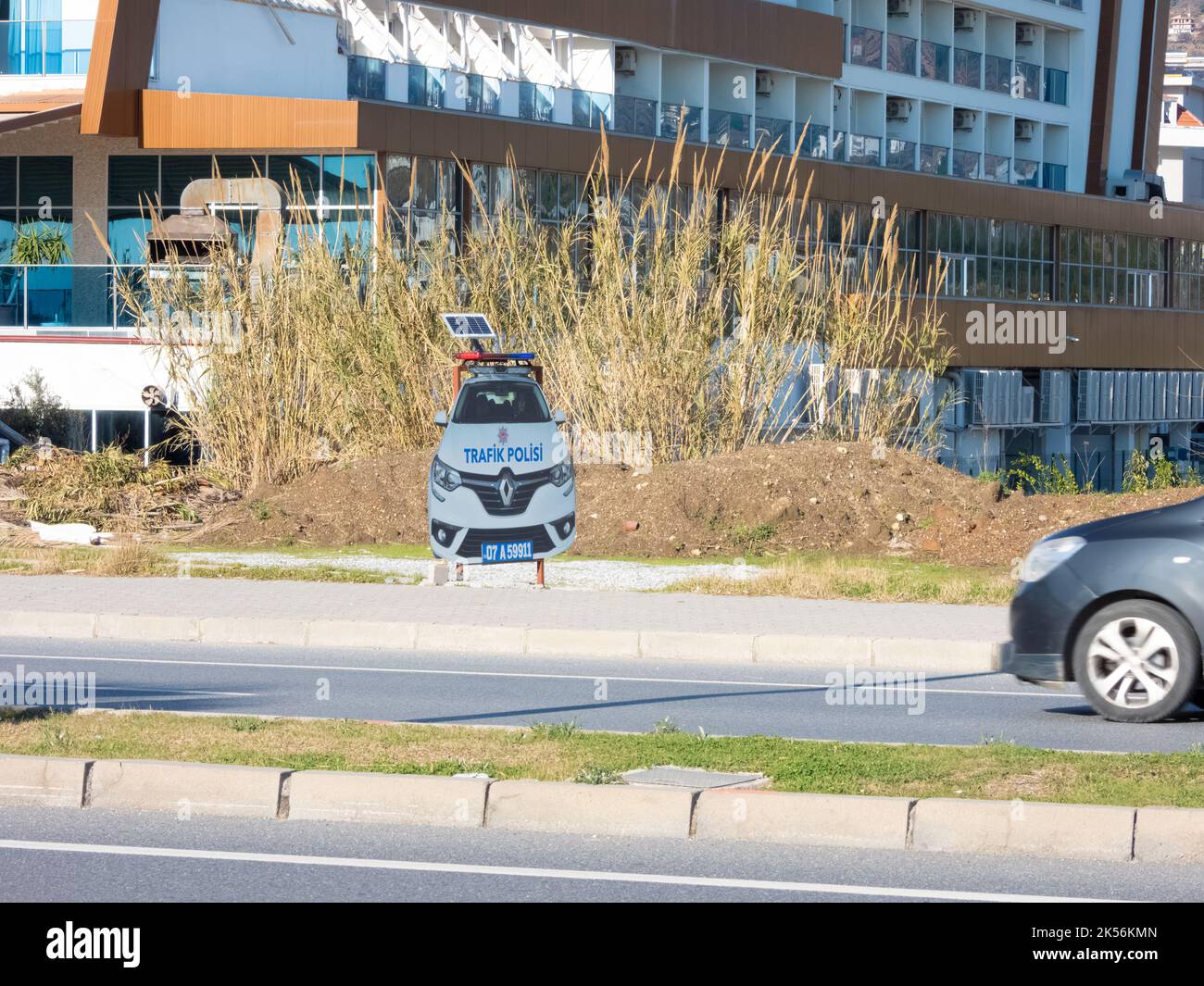ALANYA, TURKIYE - Feb 10, 2022. Fake police car on a road wayside, made ...