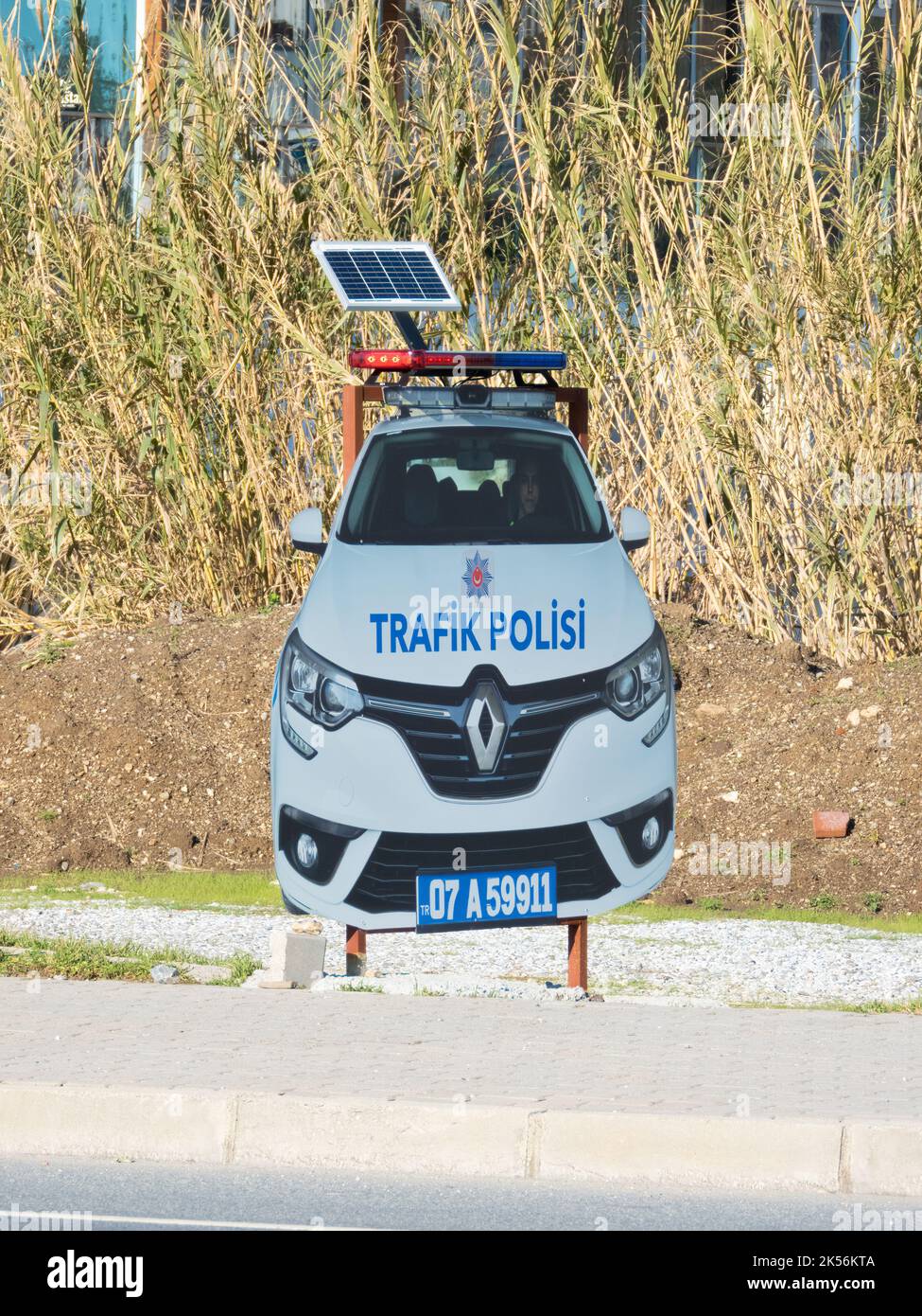 ALANYA, TURKIYE - Feb 10, 2022. Fake police car on a road wayside, made ...