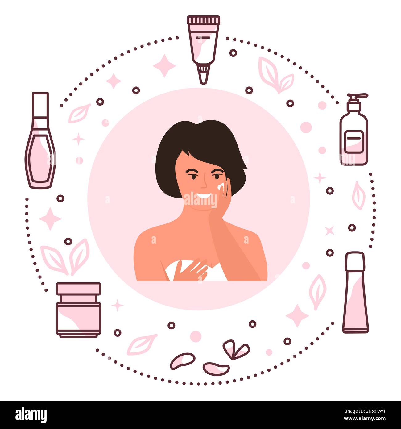 Vector illustration Cosmetic products ad, skin care ad. Woman applying ...