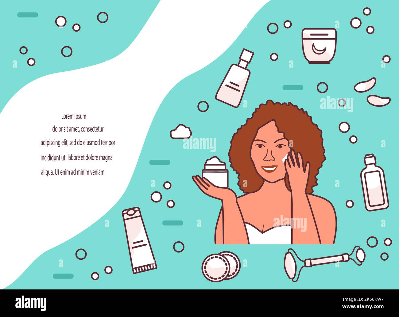 Vector illustration Cosmetic products ad, skin care ad. Woman applying ...