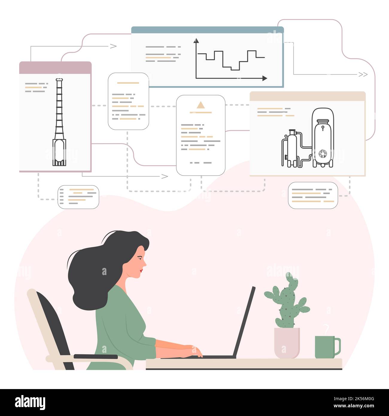 Vector illustration Girl working at computer. Global Logistics service ...