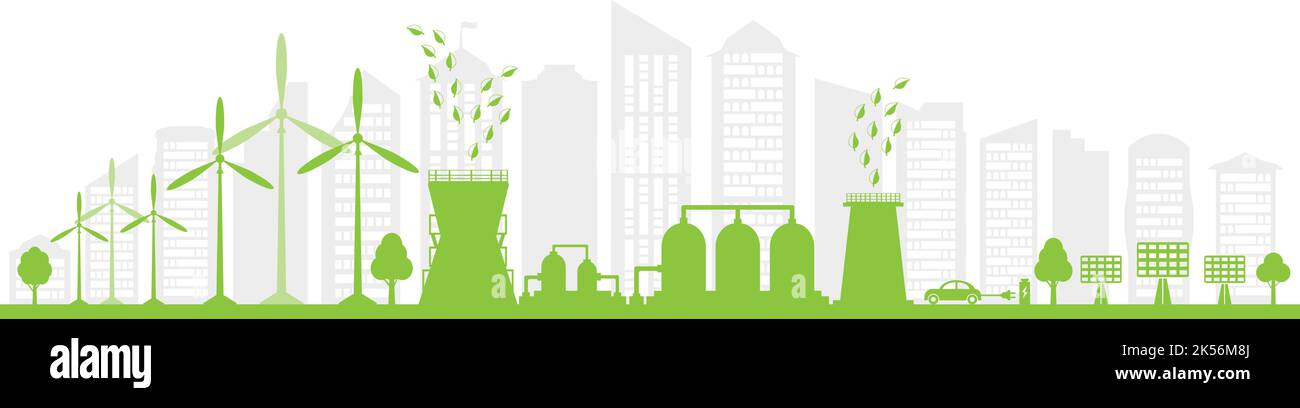 Environmentally friendly production. Silhouette of green city. Think ...