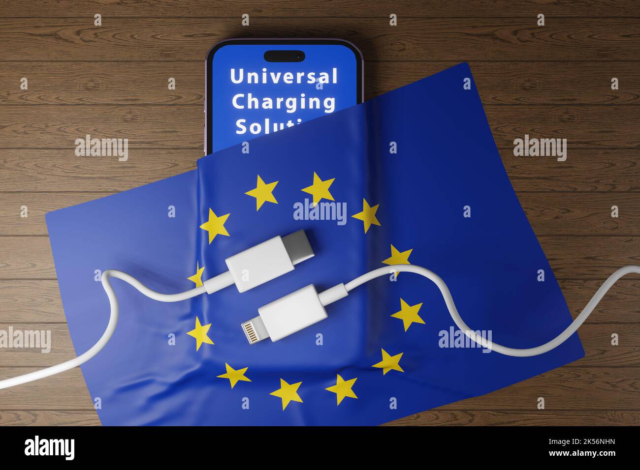 Connectors of USB-C and Lightning charger on an EU flag and smart phone ...