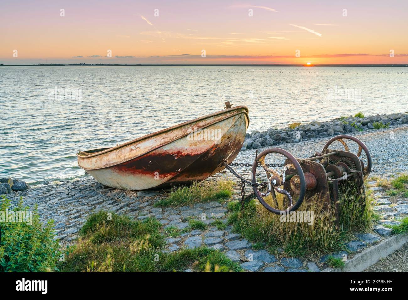 Rowing boat on slipway with hoist mechanism along the dyke of the ...