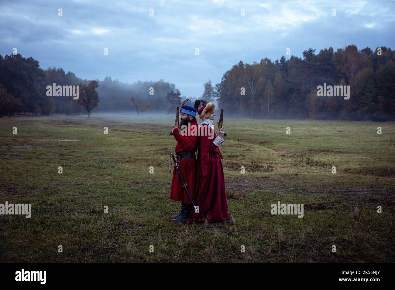 Living History: A staged duel between a man and a woman dressed in 17th ...