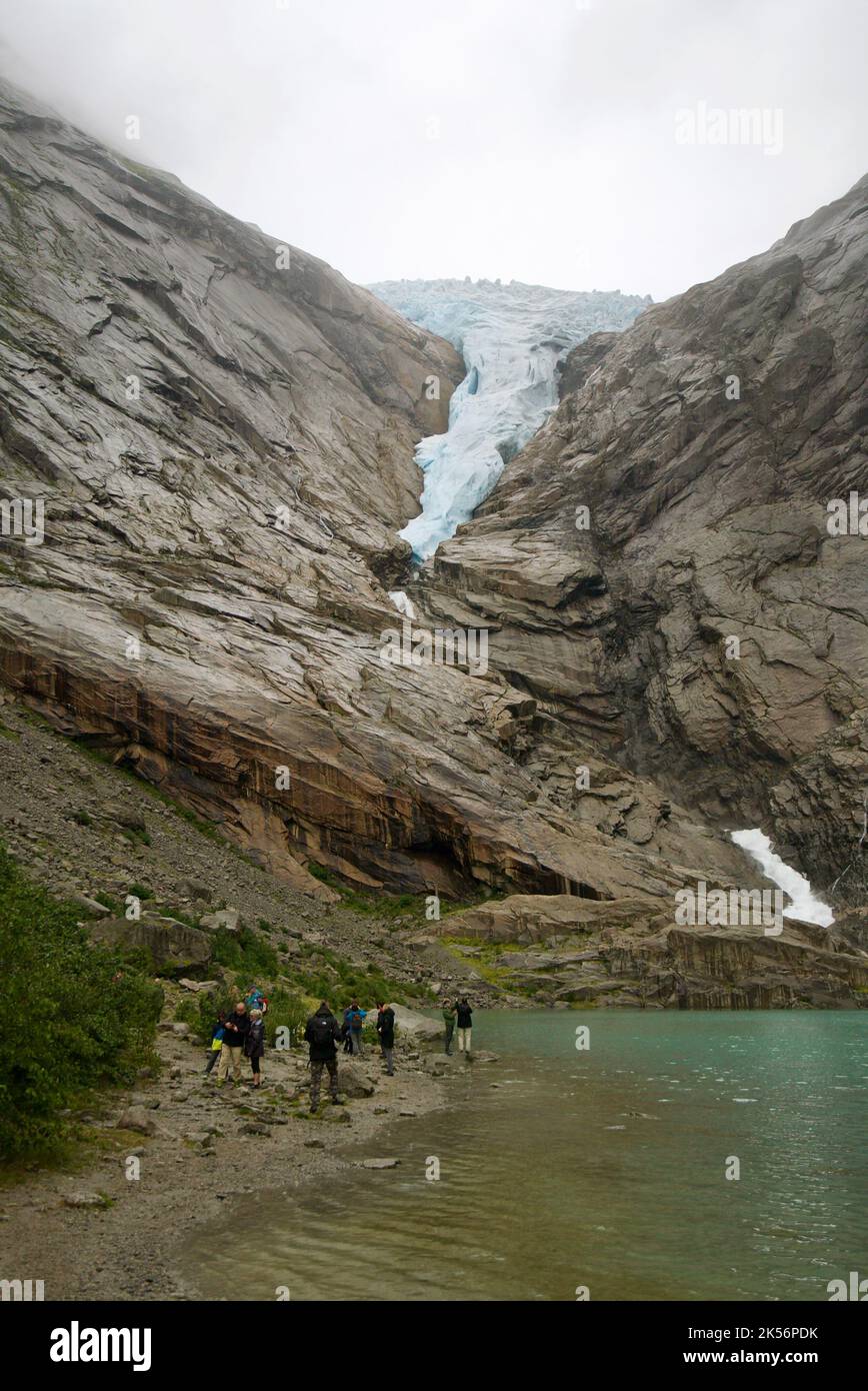 Tourists at Briksdal Glacier and Briksdalsbrevatnet- Jostedalsbreen ...