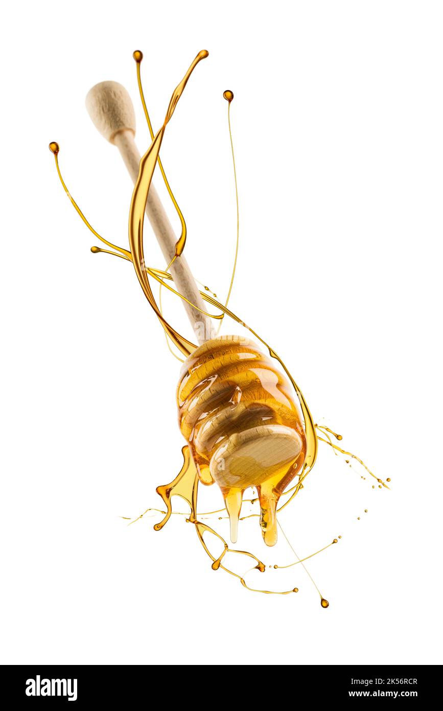 Honey dripping from wooden dipper with splash, isolated on white Stock ...