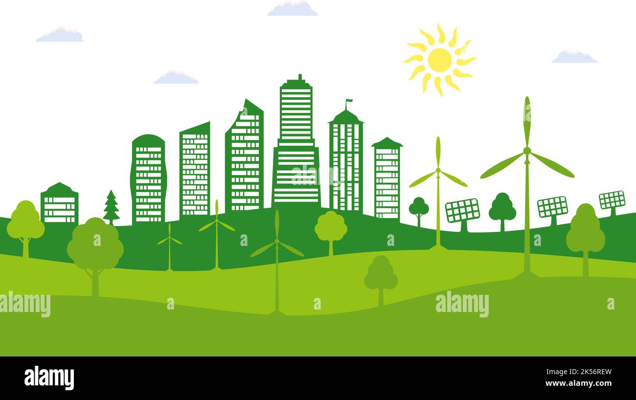 Green city with wind energy and solar panels. Think green. Ecological ...