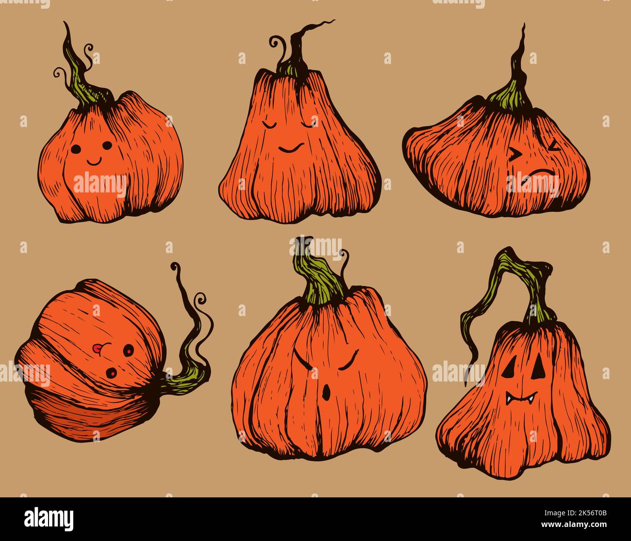 Set cartoon pumpkins with face,happy, crazy in different forms ...