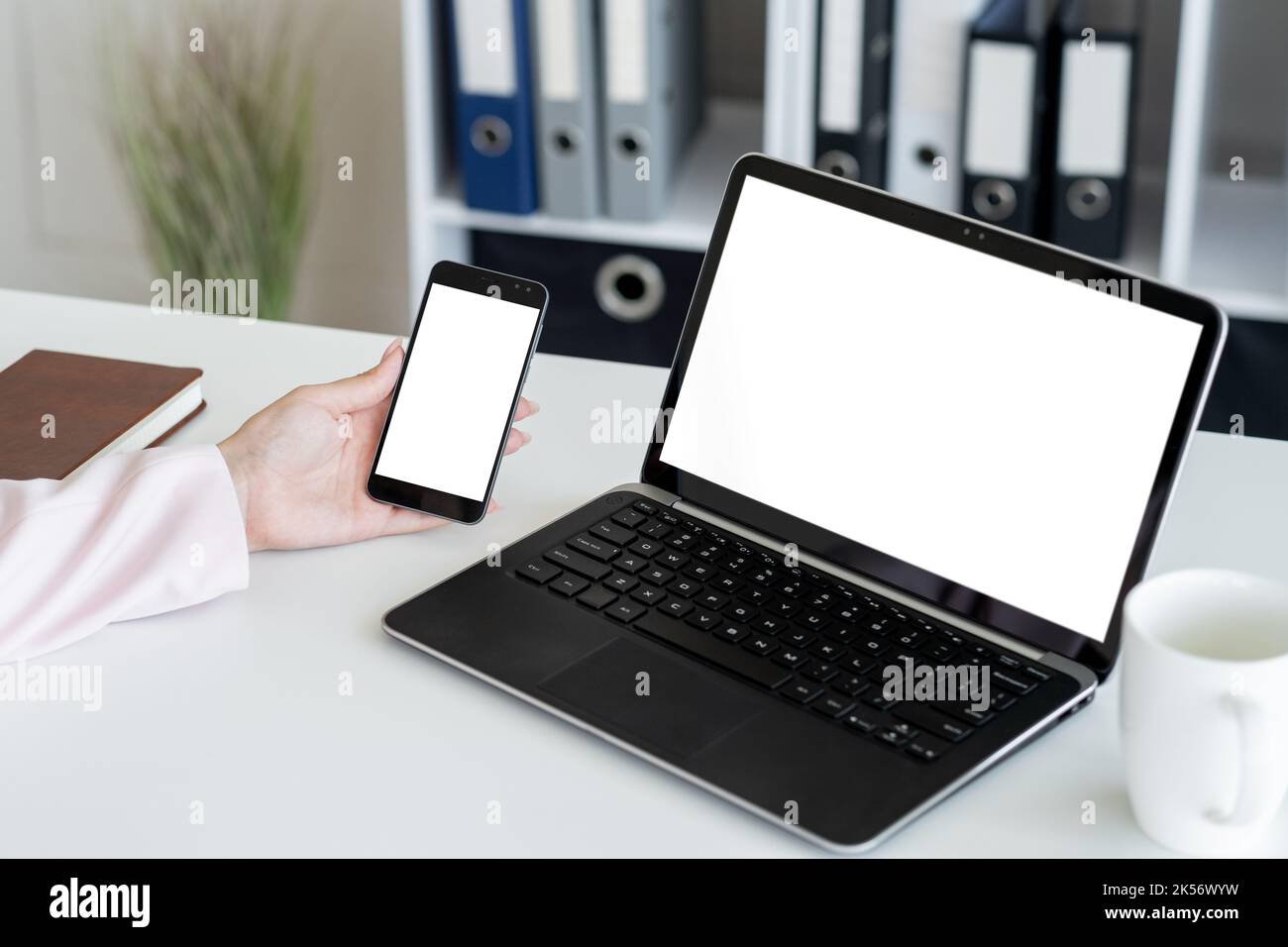 digital advertising office woman computer mockup Stock Photo - Alamy