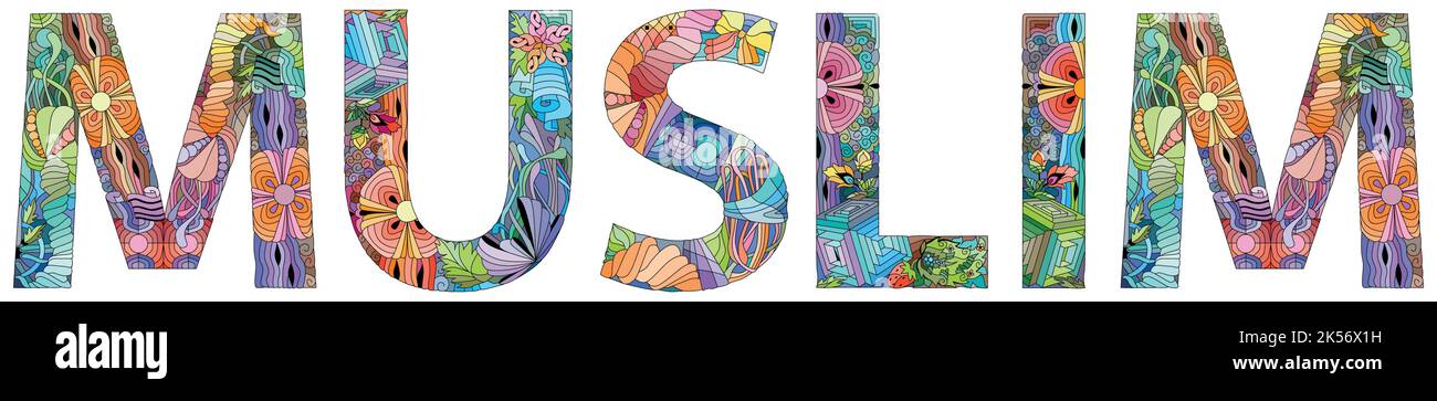 Hand-painted art design. Hand drawn illustration word MUSLIM for t ...