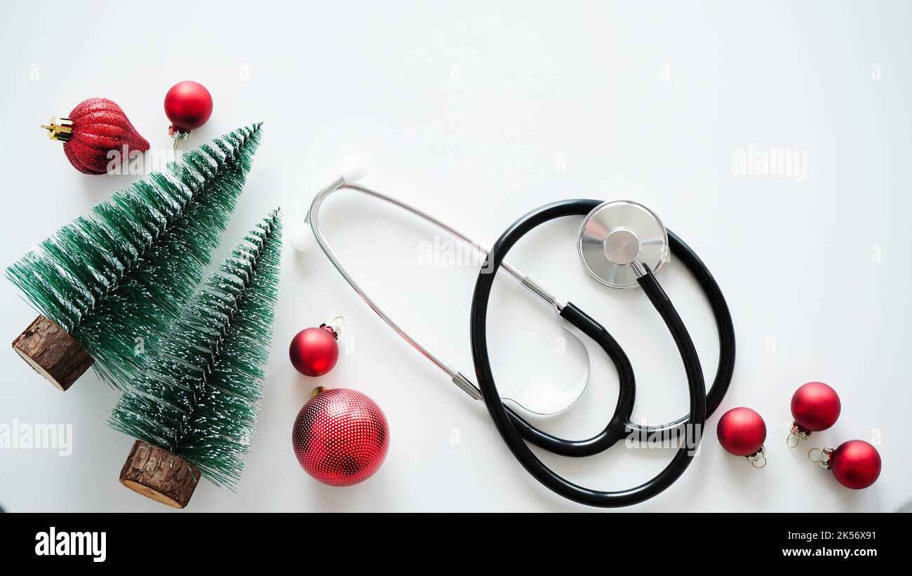 Christmas medical banner.Close up gift box,fir branches, cones,fir ...