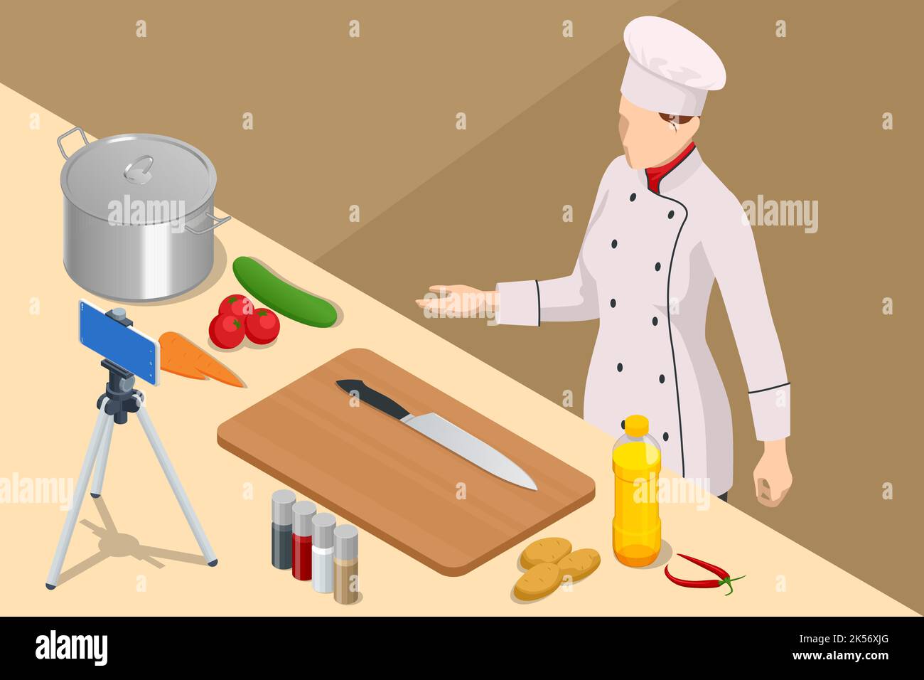 Isometric Chef Cook Recording Video On Camera at Kitchen. Chief In ...