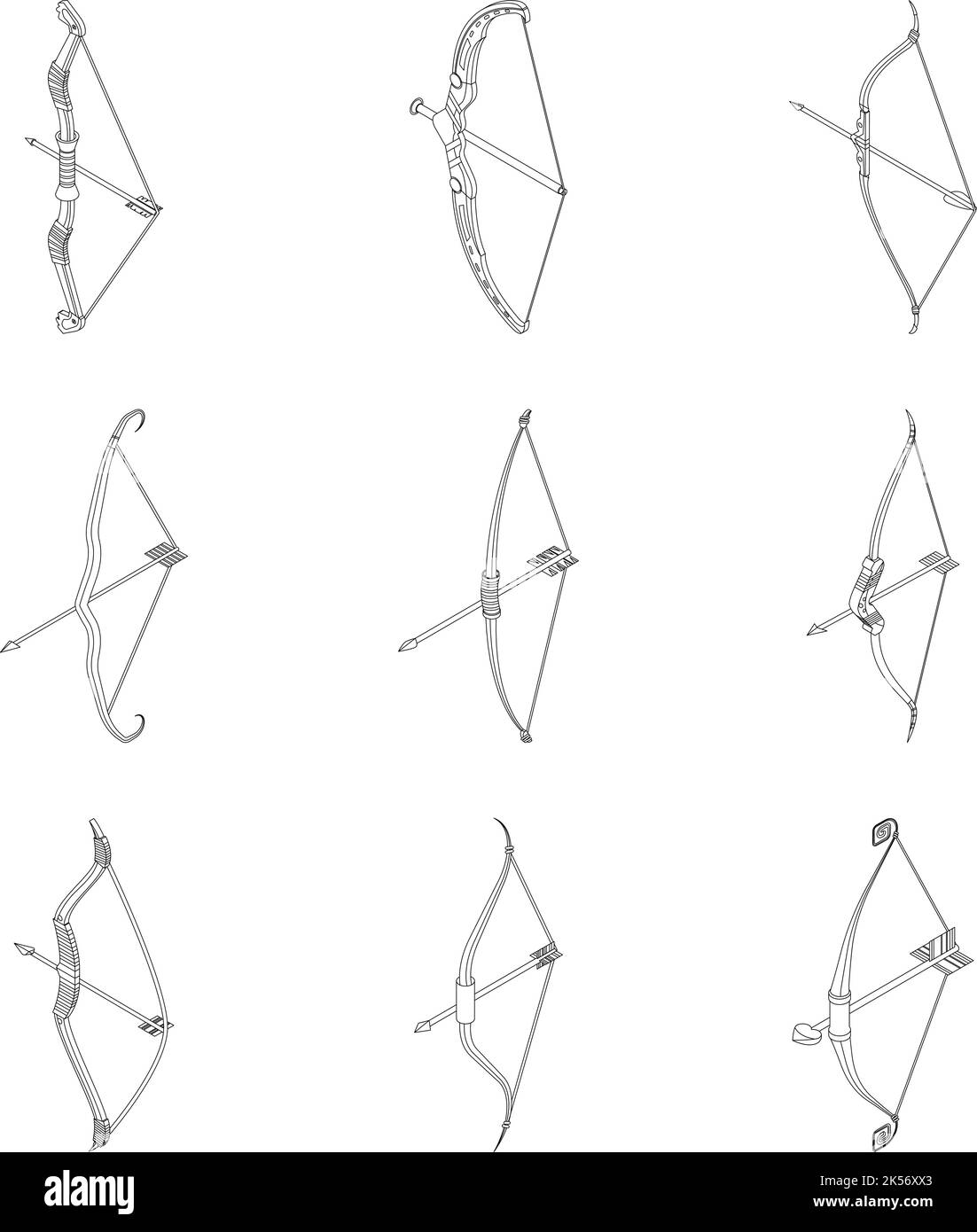 Bow weapon icon set. Isometric set of bow weapon vector icons outline ...