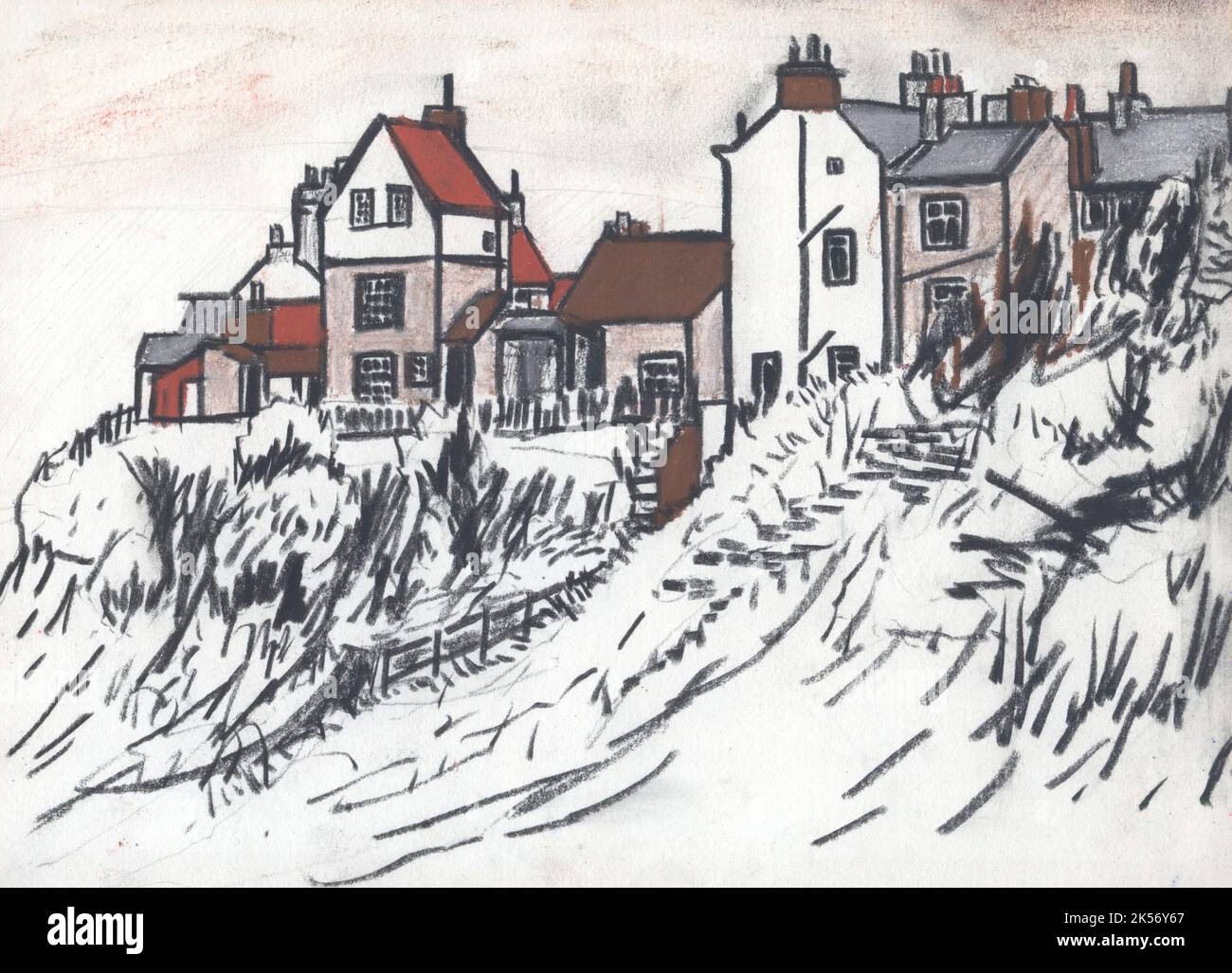 Vintage pastel sketch of Whitby, England, looking down from the Abbey ...