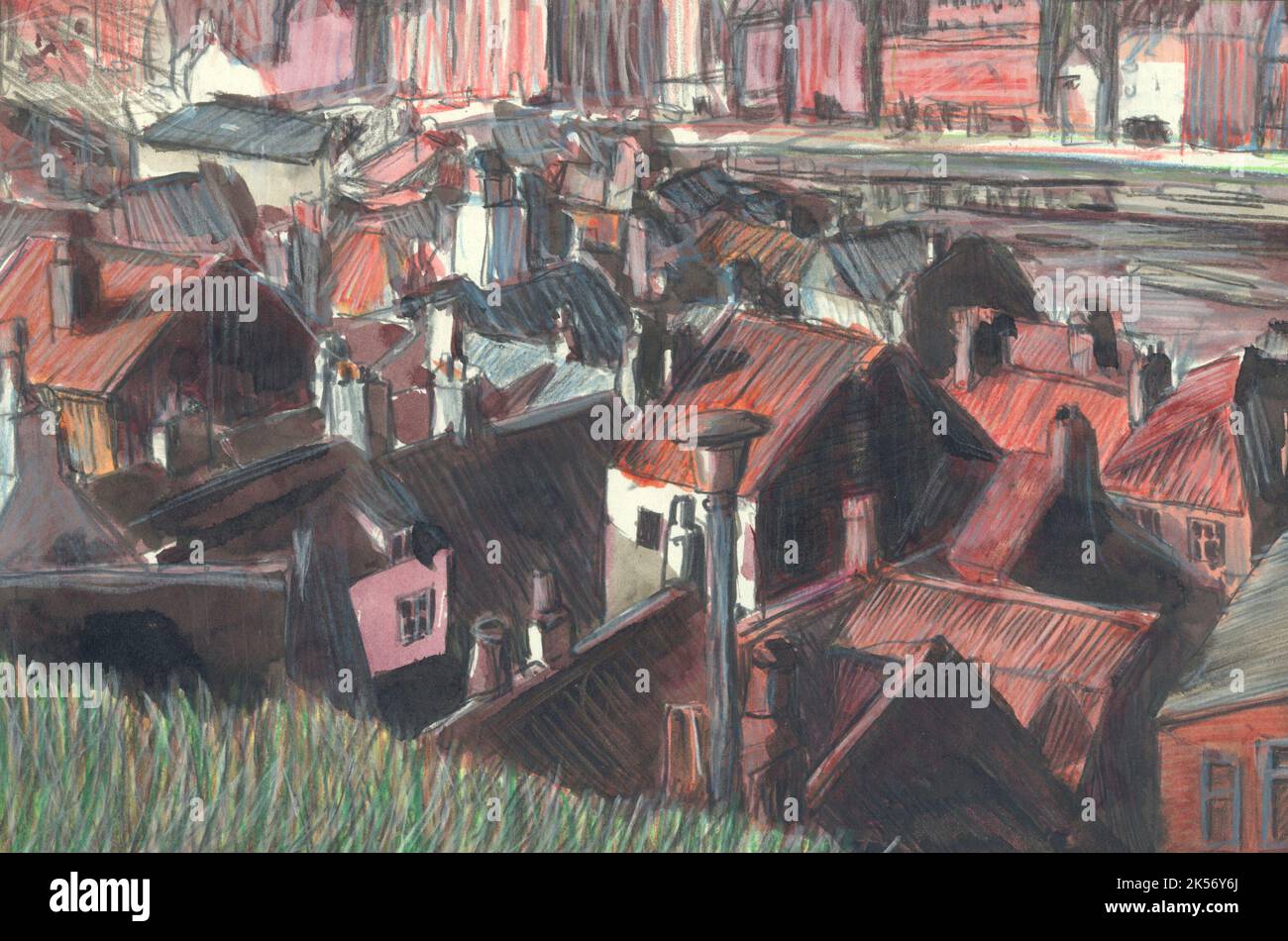 Vintage pastel sketch of Whitby, England, looking down from the Abbey ...
