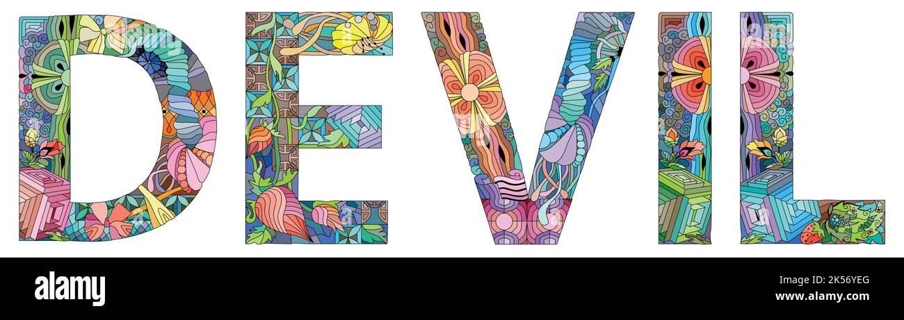 Hand-painted art design. Hand drawn illustration word DEVIL for t-shirt ...