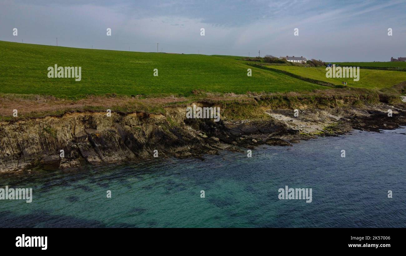 A field on the rocky shore of the Ocean. Calm sea surface. The nature ...